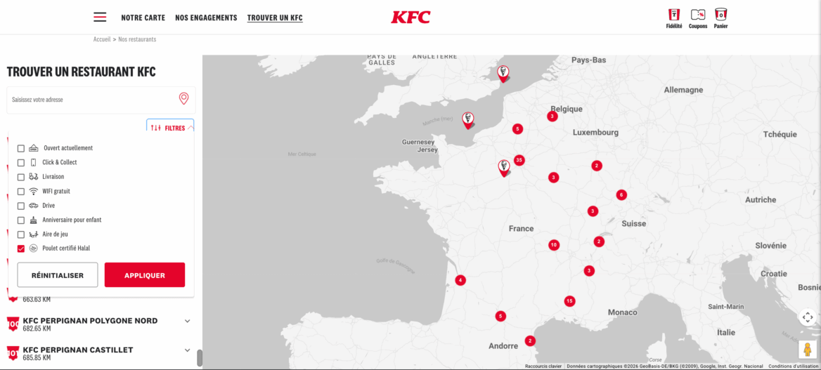 Voici la liste des 101 restaurants KFC halal en France en 2026